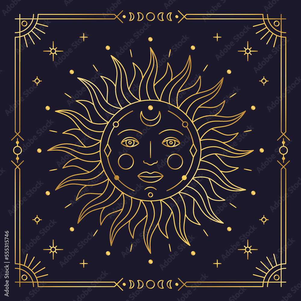 Sun mystical golden stylized boho chic sign with face. Astrology ...