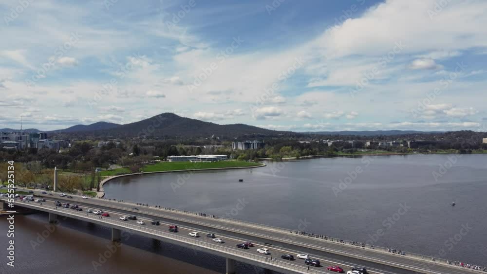 Drone footages of Commonwealth Bridge on Lake Burley Griffin in Canberra, the capital of ...