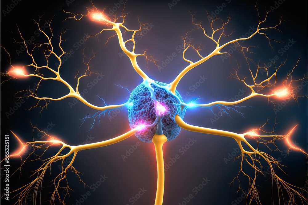 Brain neuron and electrical signals, branching dendrites, nerve endings ...