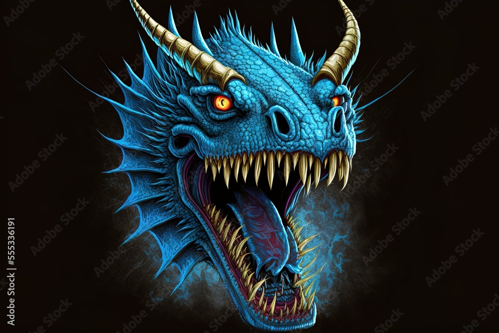 Cartoon of an angry blue dragon's head. Generative AI Stock ...