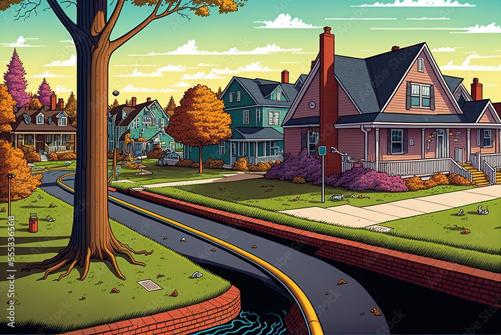 Cartoon of a suburban neighborhood and a hidden pipeline. Generative AI ...