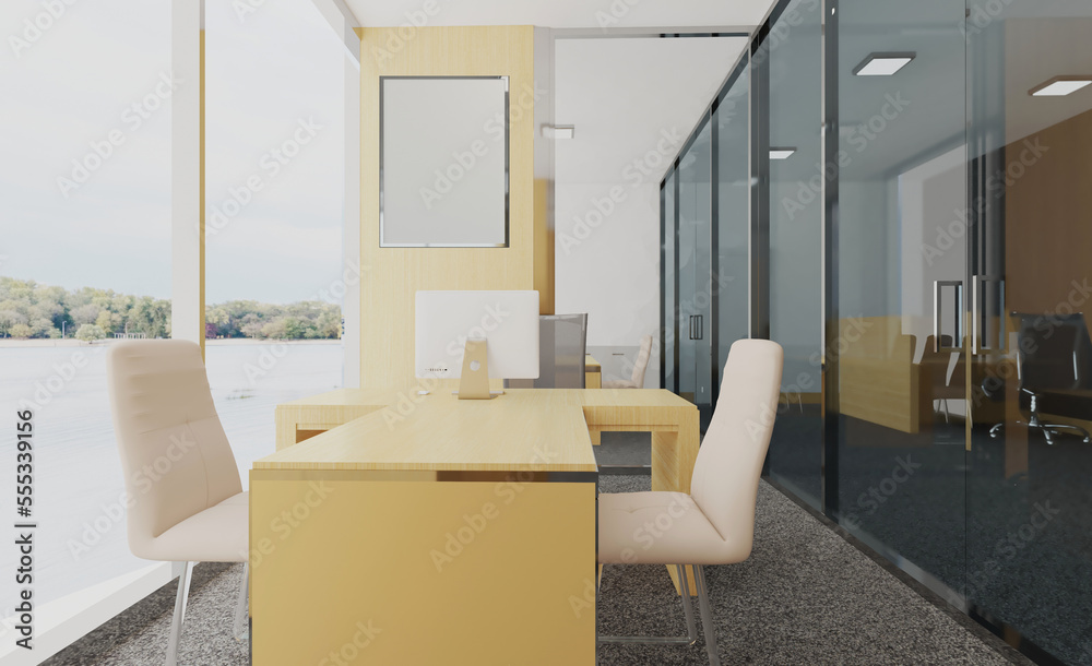 Front view of an office interior with a row of dark wood tables. 3D ...