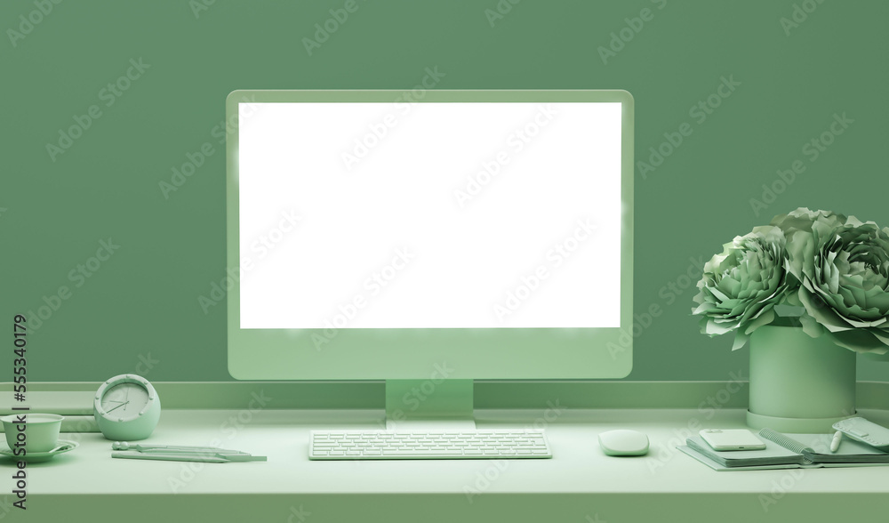 Green monochrome minimal office table desk. Concept for study desk and ...