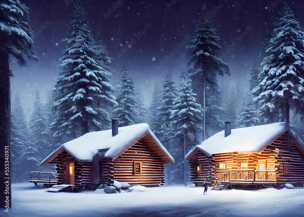 Two cozy log cabins in a snowy forest in Lapland during a dark winter ...