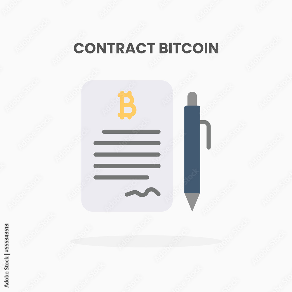 Contract bitcoin paper pen signature icon flat. Vector illustration on ...