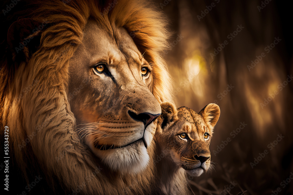 This proud male aftican lion is cuddled by his cub during an ...