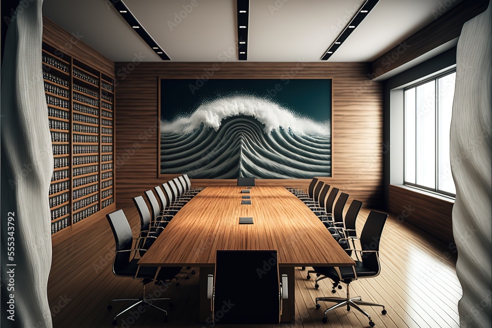 Boardroom interior with wave pattern wall, wooden floor, long table ...