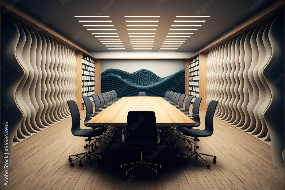 Boardroom interior with wave pattern wall, wooden floor, long table ...