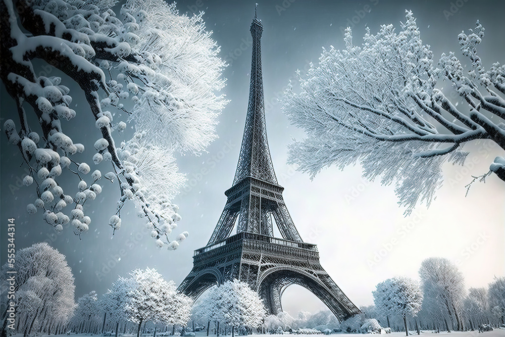 The Eiffel Tower covered in snow. Scenic view to the Eiffel tower on a ...