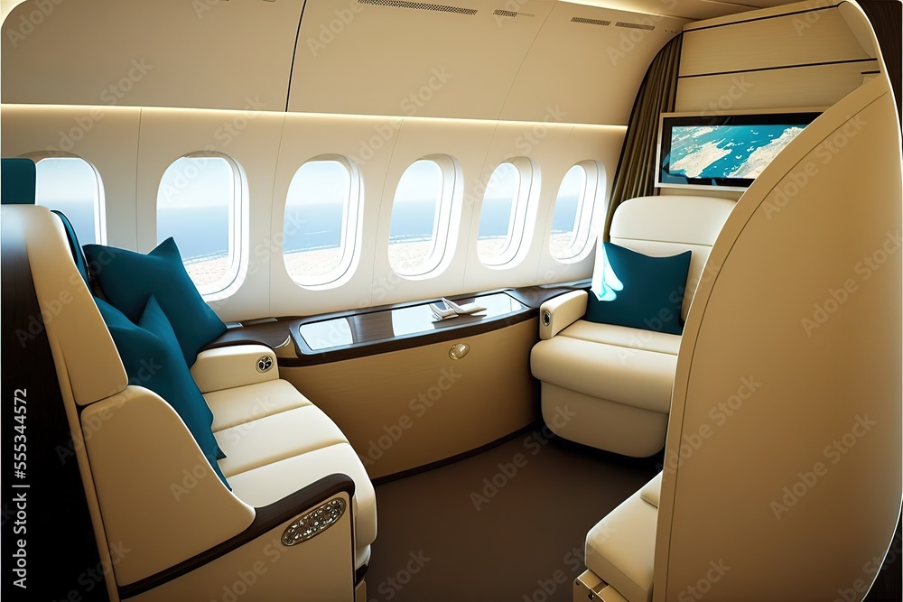 First class seats inside a Boeing 747-8 jumbo jet airplane from the ...