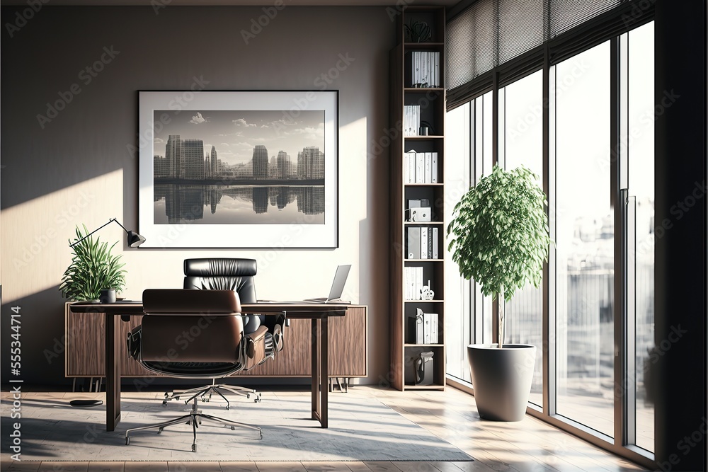 Front view of a sunlit CEO office with wooden furniture, large ...