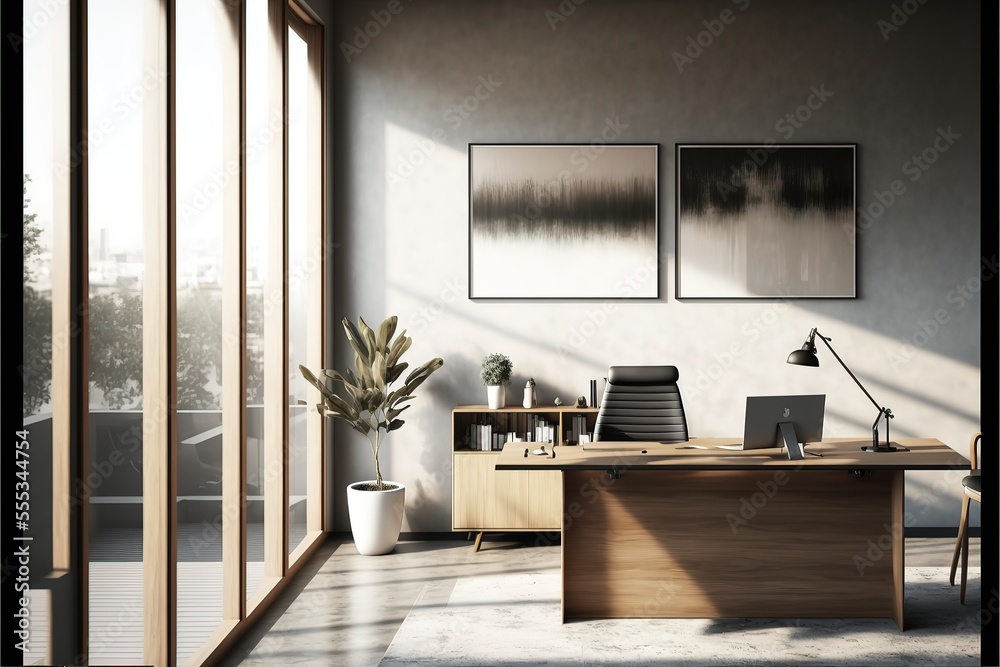 Front view of a sunlit CEO office with wooden furniture, large ...