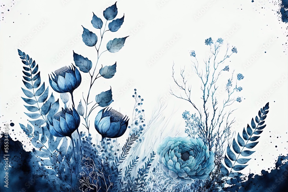 Blue illustration picture of a winter flower border. Generative AI ...