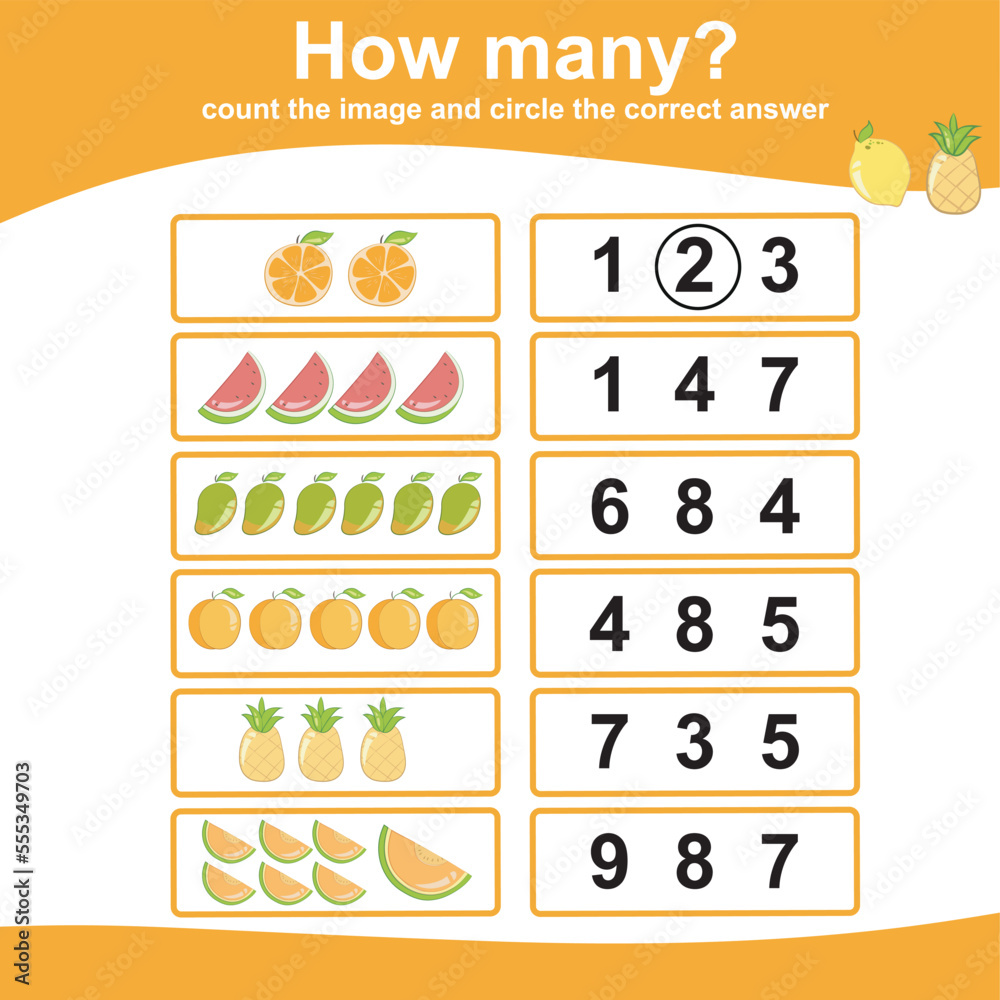 Let's count the fruits and circle the correct number. Counting ...