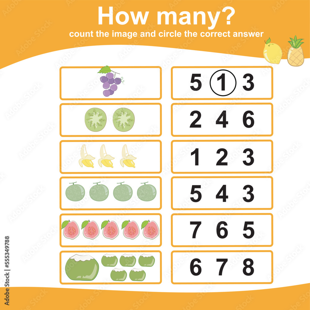 Let's count the fruits and circle the correct number. Counting ...