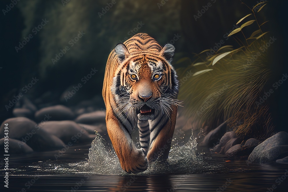 Photorealistic illustration of the tiger walking at the river the ...