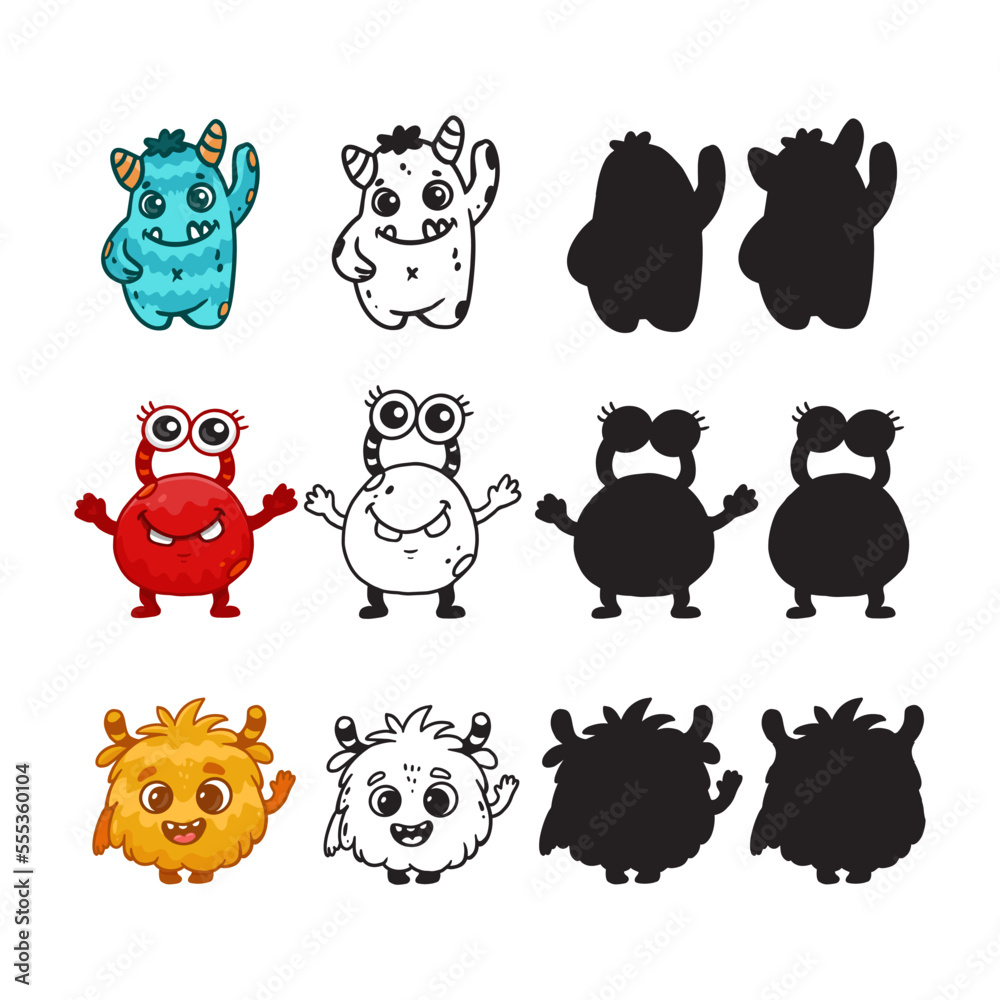 Set of cute cartoon monsters. Coloring page for kids.Find a shadow ...