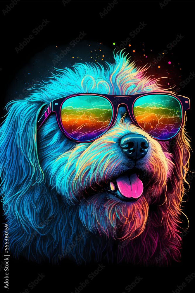 colorful Synthwave style cute dog with sunglasses, dark black ...
