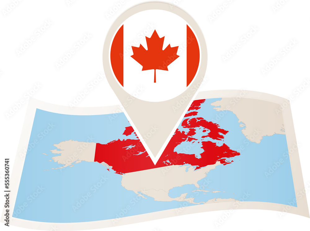 Folded paper map of Canada with flag pin of Canada. Stock Illustration ...