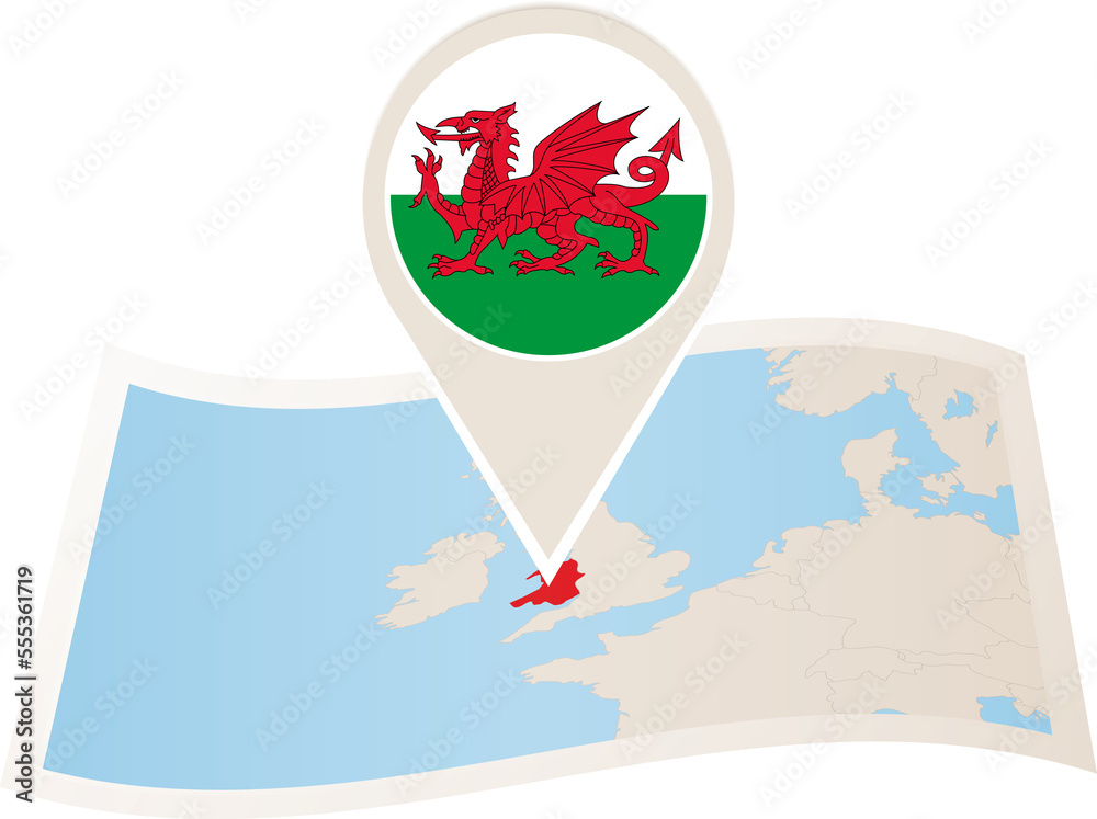 Folded paper map of Wales with flag pin of Wales. Stock Illustration ...
