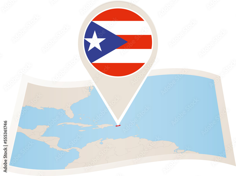 Folded paper map of Puerto Rico with flag pin of Puerto Rico. Stock ...