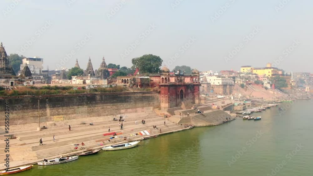 Varanasi Ghat aerial drone view, 4k morning on the Ganges, Benares ...