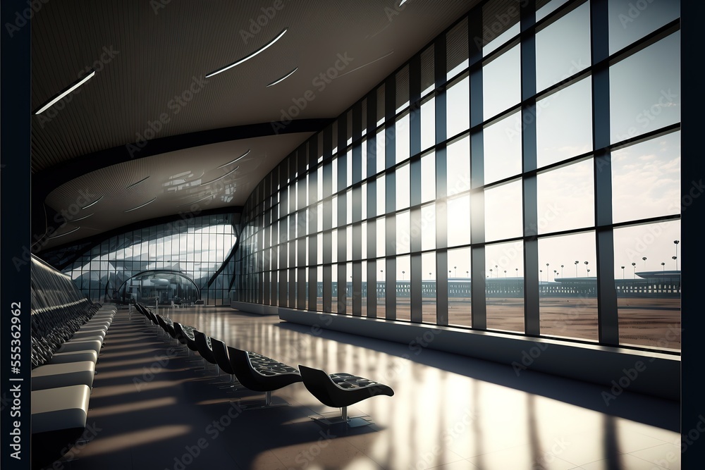 modern airport terminal with black leather seats and a huge viewing ...