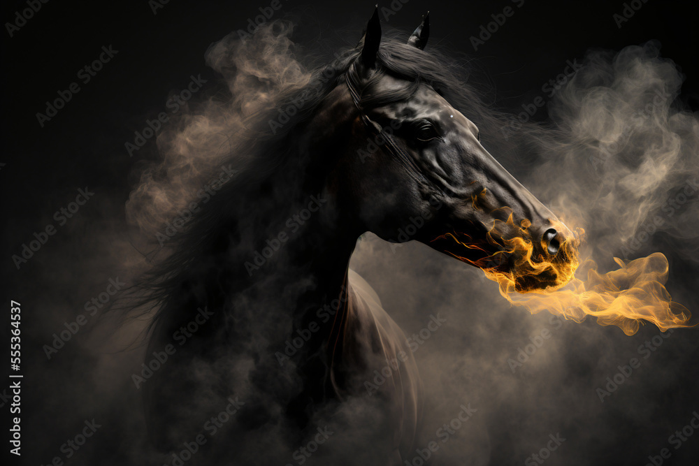 portrait of a black horse in the smoke, black, dark, mysterious ...