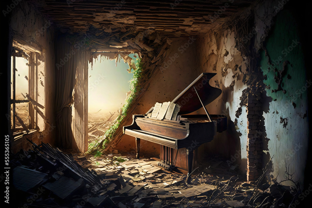 grand piano in a abandoned destroyed room, left house, spooky mystical ...
