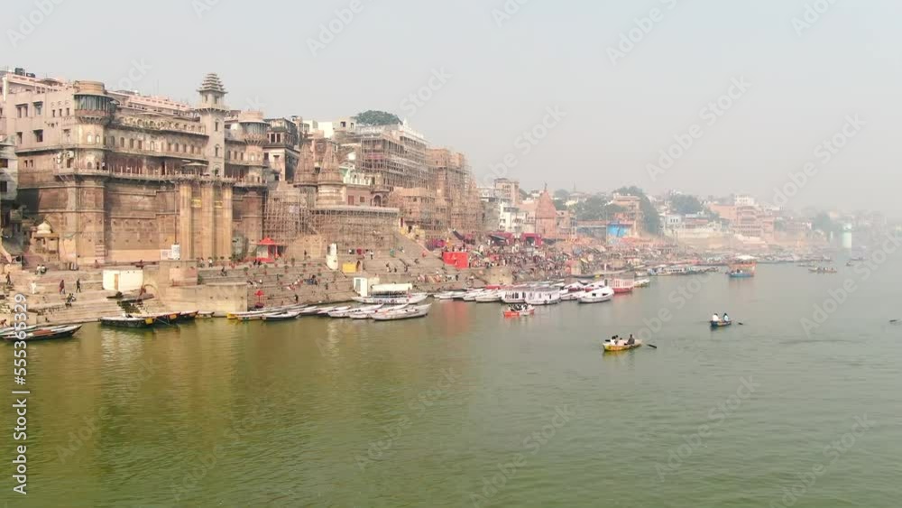 Varanasi Ghat aerial drone view, 4k morning on the Ganges, Benares ...