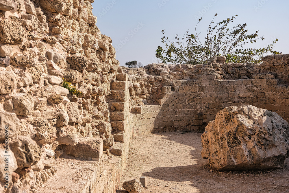 The ruins of the ancient fortress of Apollonia (Arsuf) on the shores of ...
