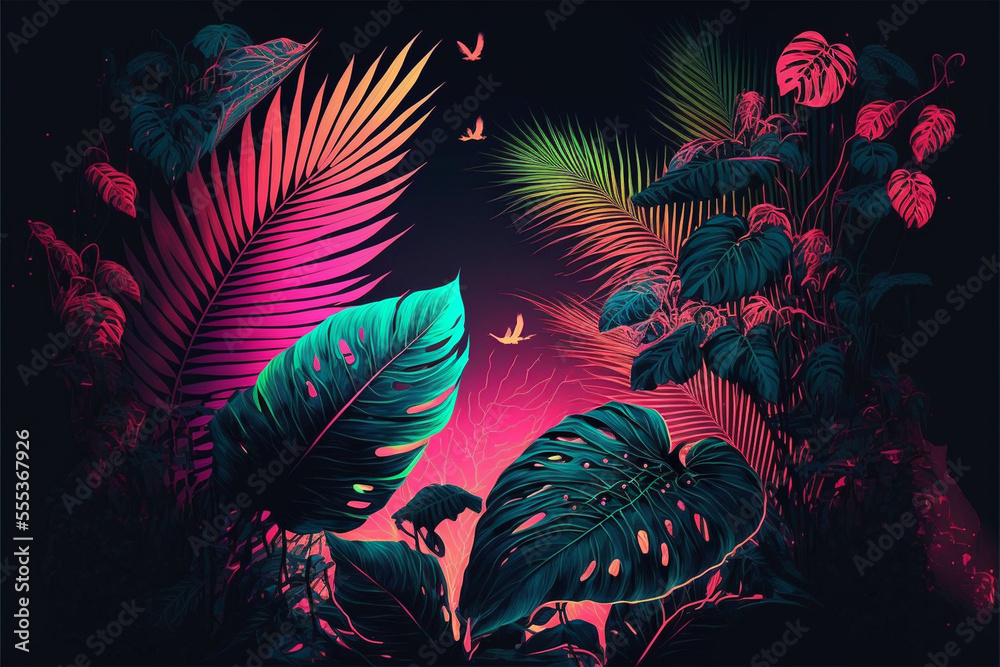 Neon tropical background with palm leaves Stock Illustration | Adobe Stock