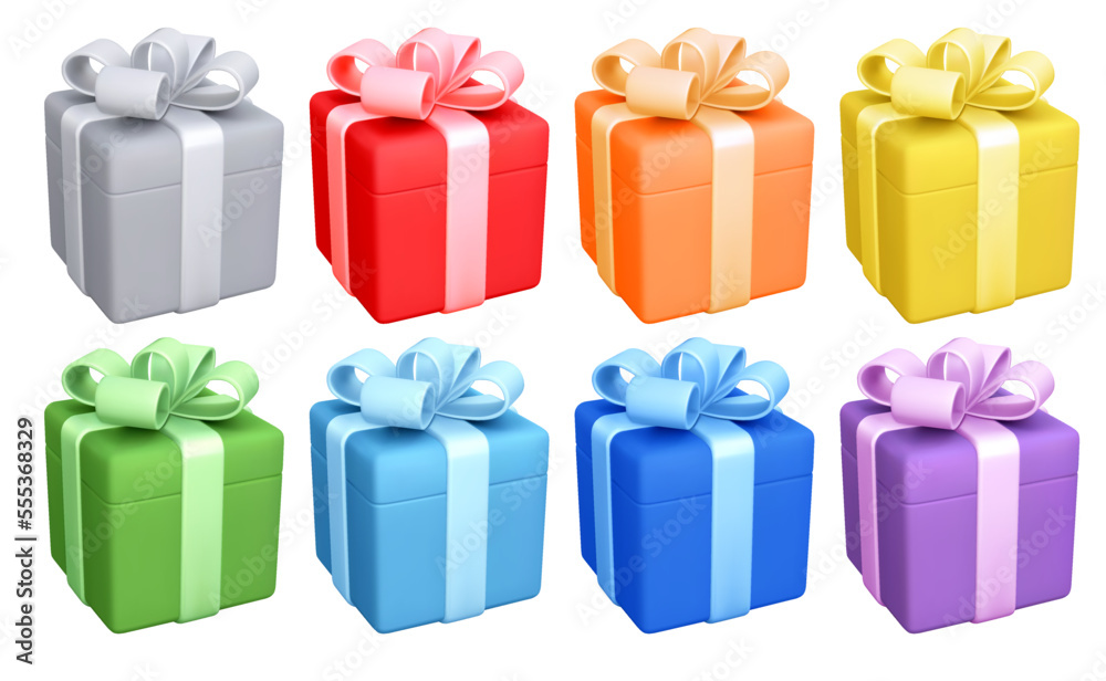Set of isolated multicolored 3d gift boxes with cute bow. Rainbow ...