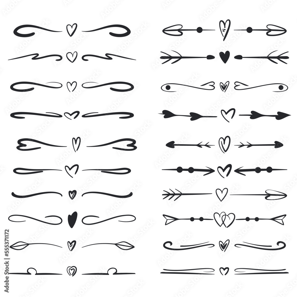 Text dividers set, hand drawing. Romantic card delimiters with hearts ...