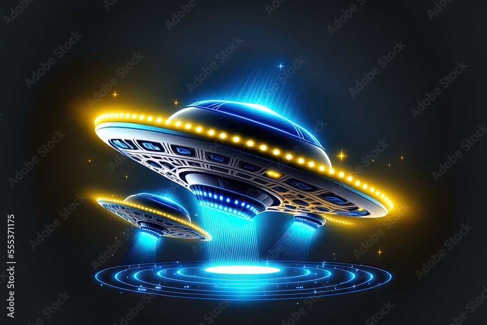Ilustração do Stock: Alien spacecraft in, with a blue and yellow laser ...