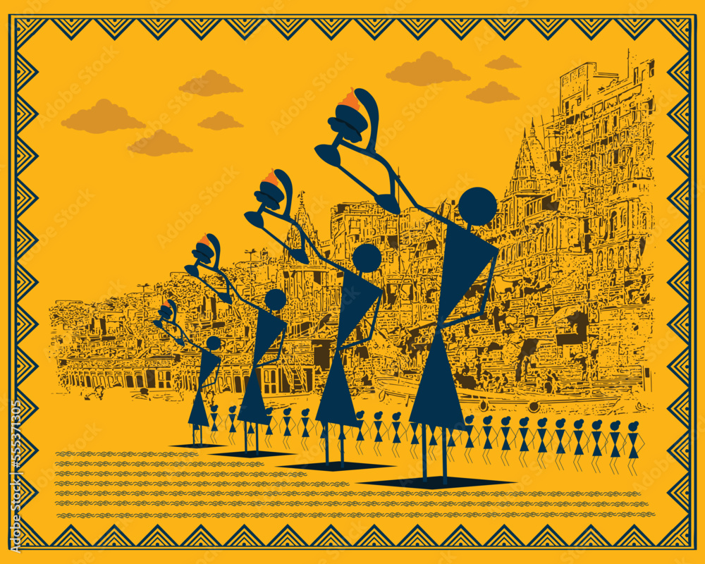 Varanasi Ganga Aarti in warli painting. Warli art, illustration ...
