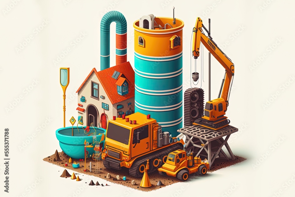 a graphic of a water purification tower, a digger, an excavator, a ...