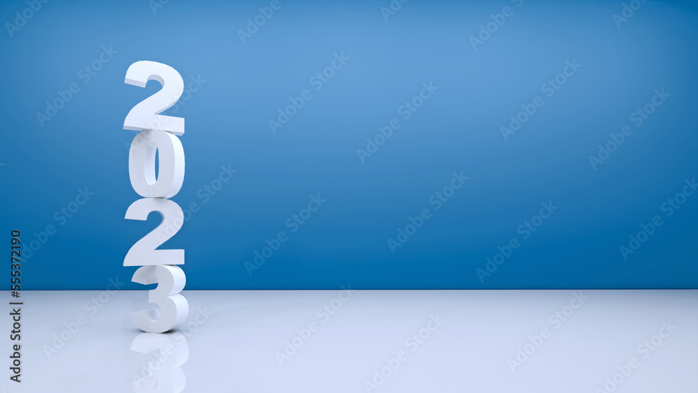 2023 stacked numbers on white surface blue background with copy space ...