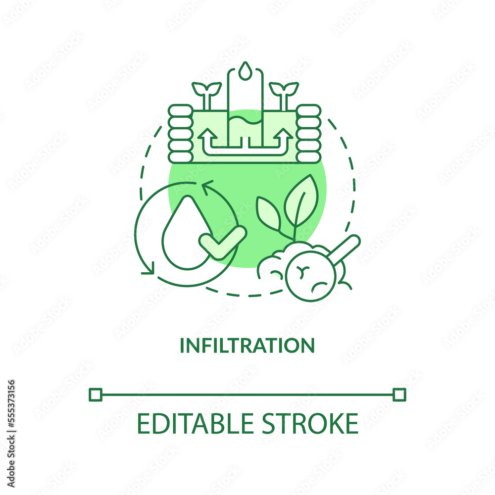 Infiltration green concept icon. Ground absorbs water. Healthy soil ...