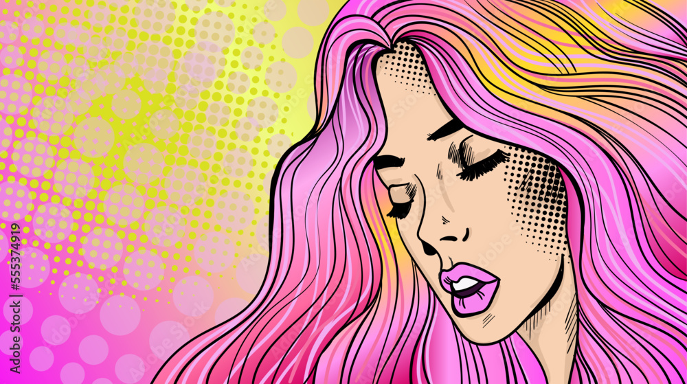 Cartoon pop art hand-drawn illustration of a woman. Vector art ...