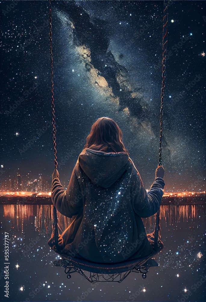 back view of a lonely girl sitting on a Swing in front of a city with ...