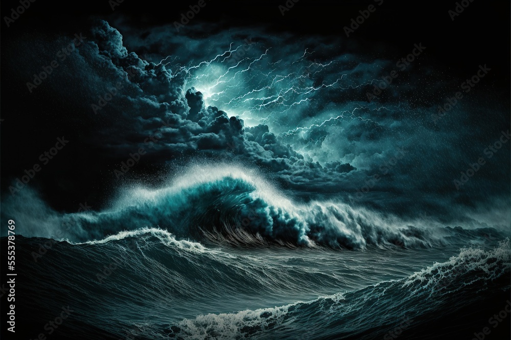 Night sea dramatic landscape with a storm. Night storm on the ocean ...