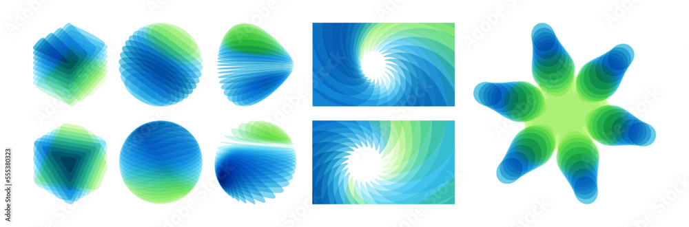 Abstract background with dynamic effect. Rotation and swirling movement. Set of spheres, cubes ...