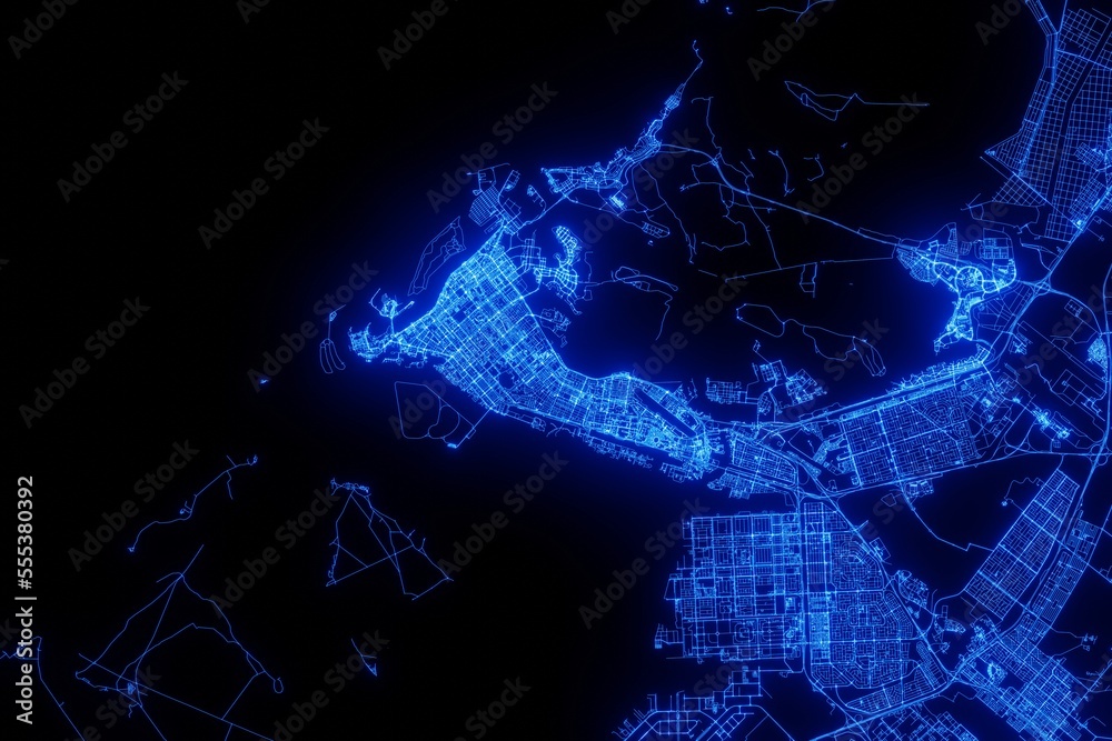 Street map of Abu Dhabi (UAE) made with blue illumination and glow ...