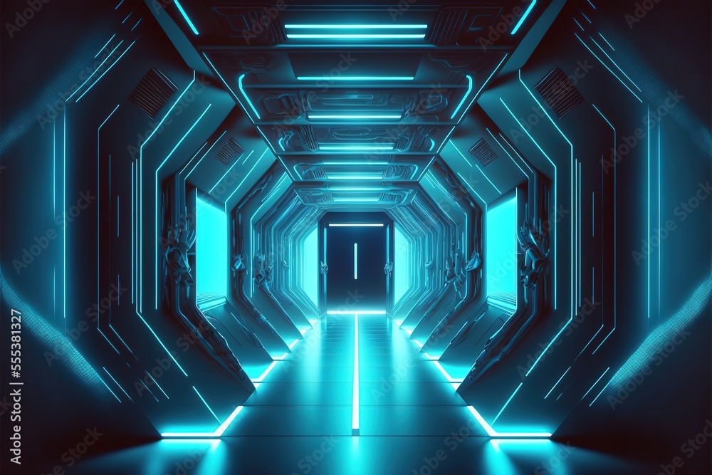 Abstract light tunnel, corridor with neon light. Hi-tech sci-fi ...