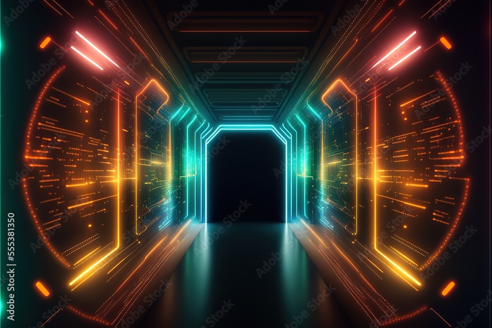 Abstract light tunnel, corridor with neon light. Hi-tech sci-fi ...