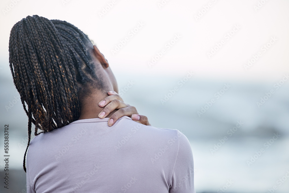 Back, black woman and neck pain with stress, injury and chronic pain ...