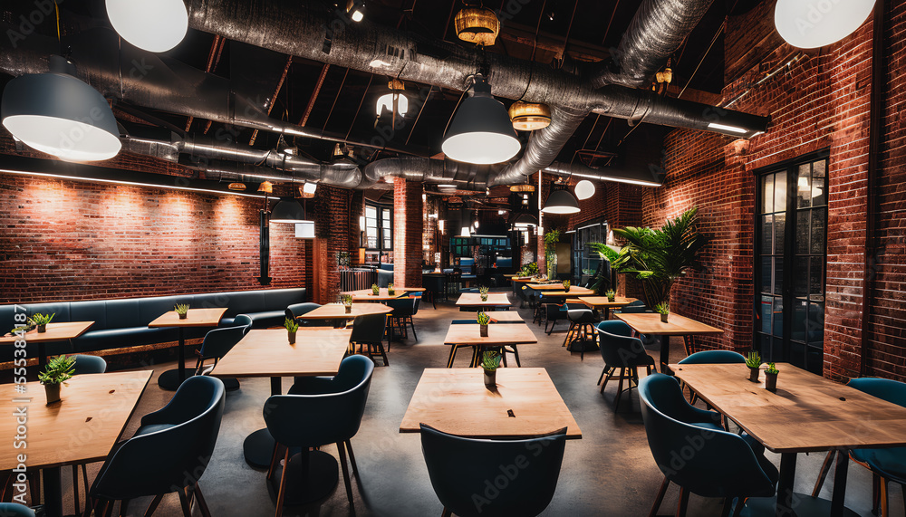 Restaurant located in a loft space. The high ceilings and industrial ...