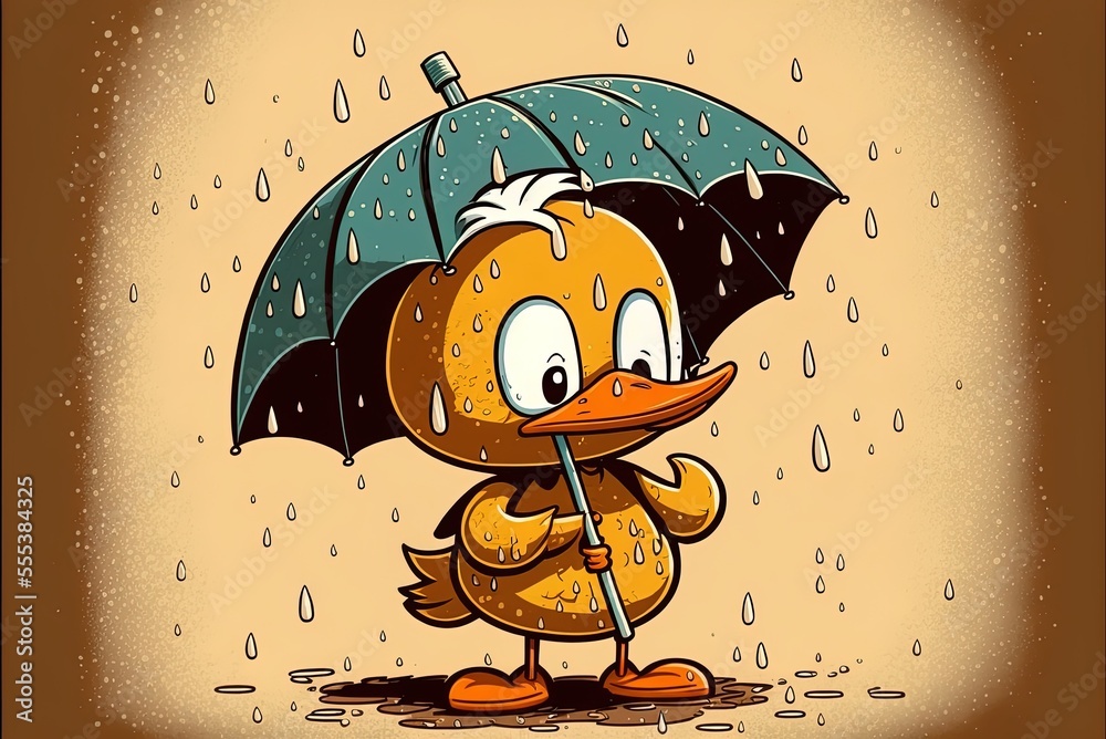 Cartoon icon artwork of a cute duck holding an umbrella in the rain ...