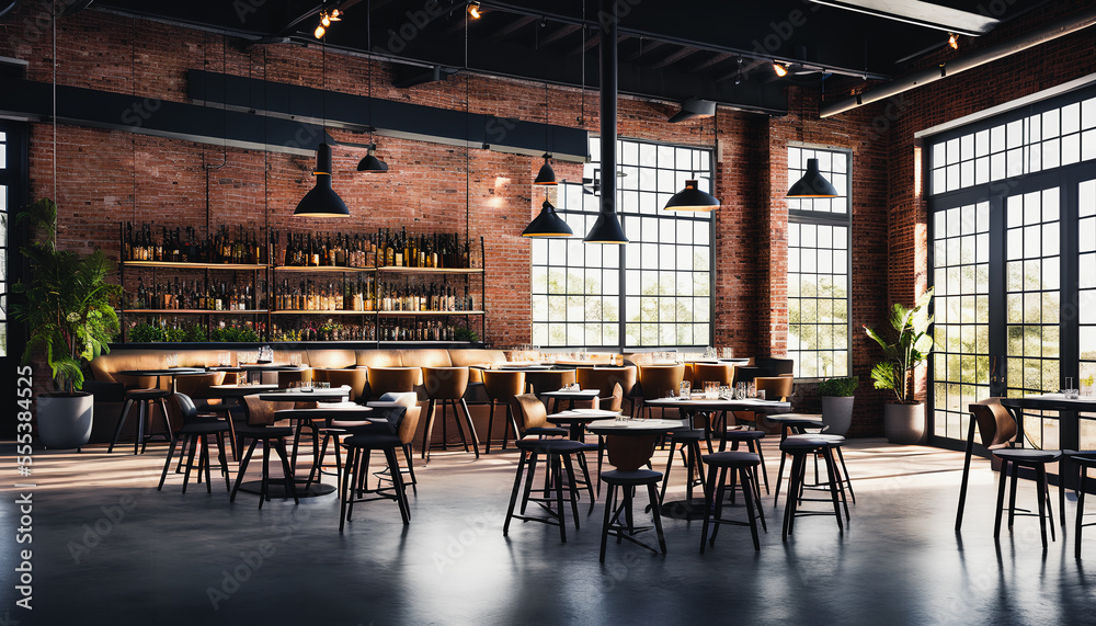 Restaurant located in a loft space. The high ceilings and industrial ...